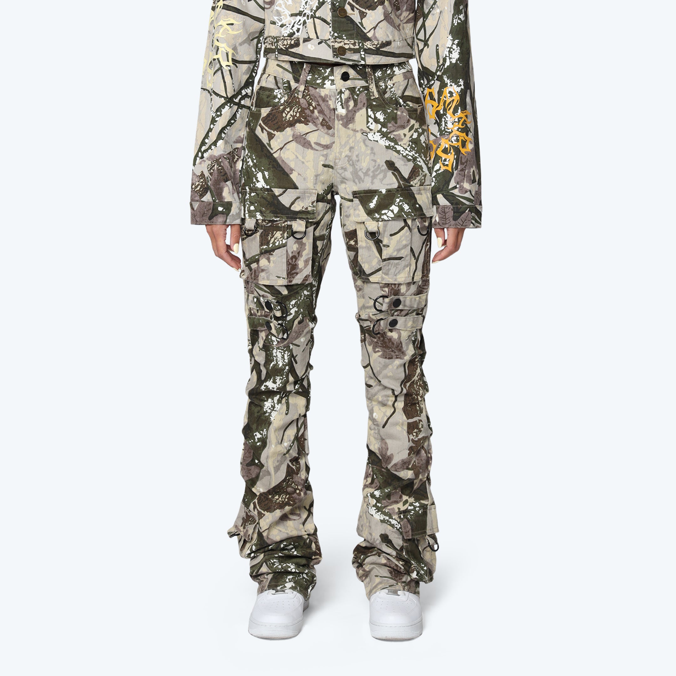 High Rise Side Pinched Stacked Pants - Olive Hunting Camo – Smoke Rise NY