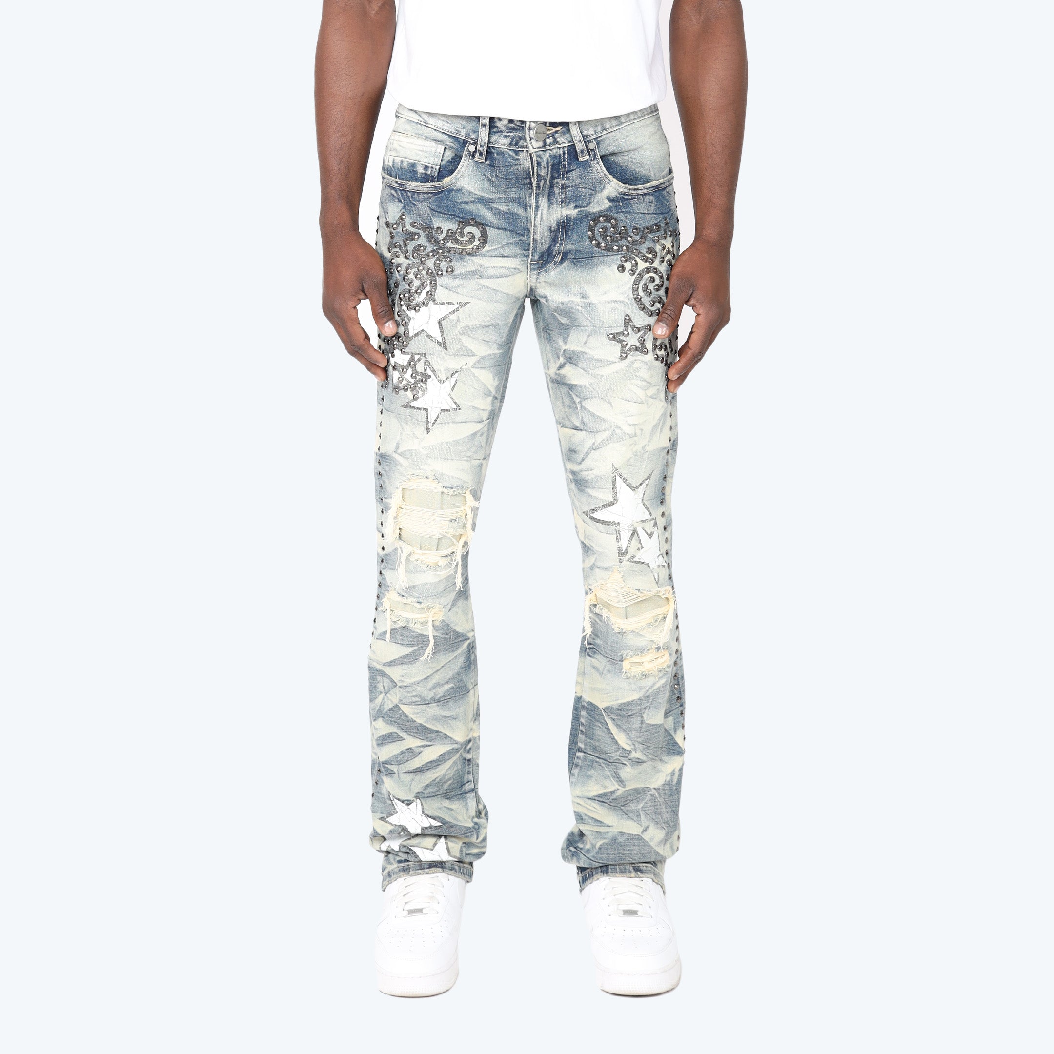 Stacked Flared Maximalist Studded R&R Jeans - Blue Toast - Smoke Rise NY